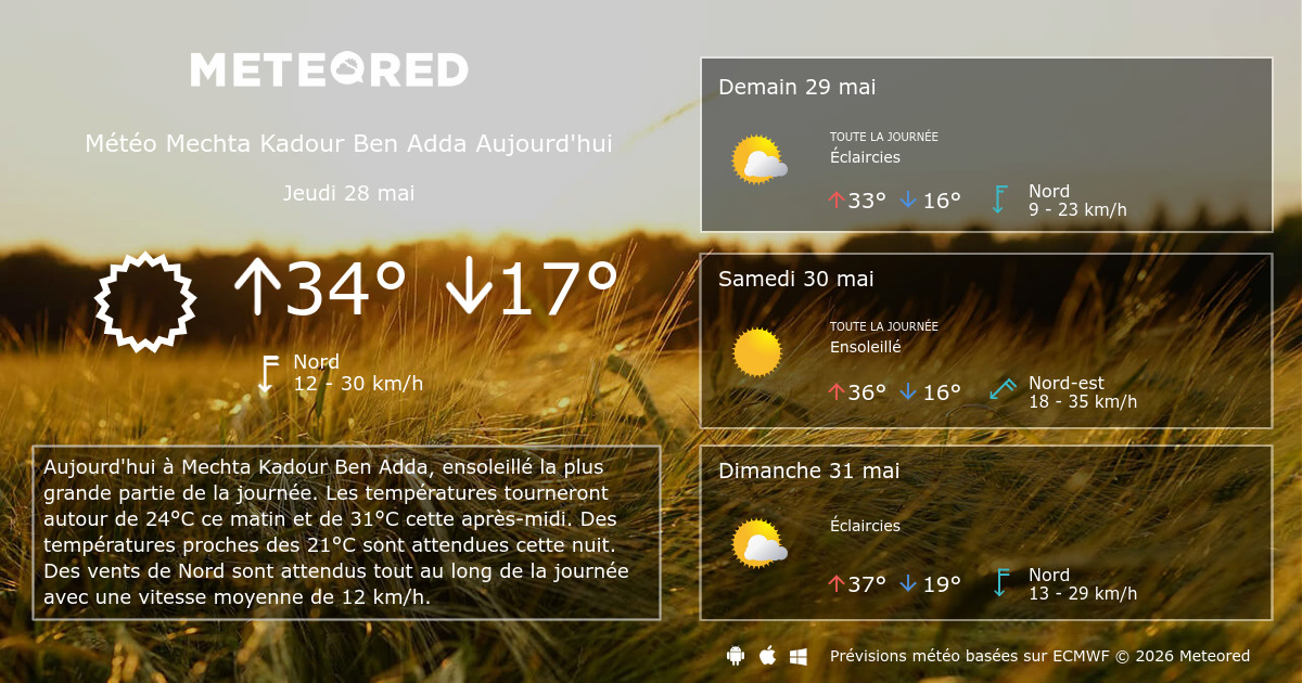 Météo Mechta Kadour Ben Adda heure par heure - Meteored France
