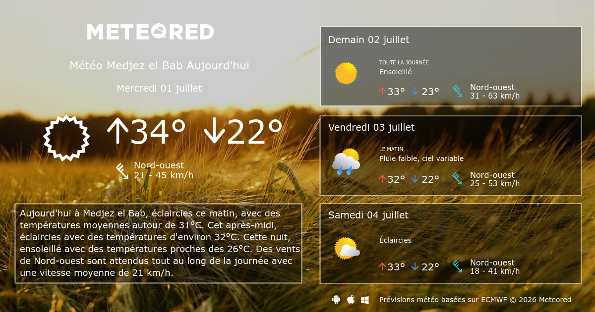 Météo Medjez el Bab 14 jours - Meteored France