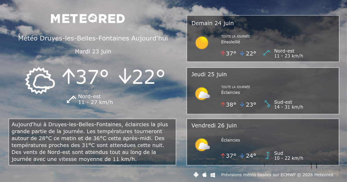 Météo Druyes-les-Belles-Fontaines heure par heure - Meteored France
